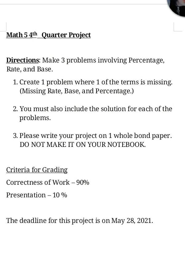 Solved Math 5 4th Quarter Project Directions: Make 3 | Chegg.com