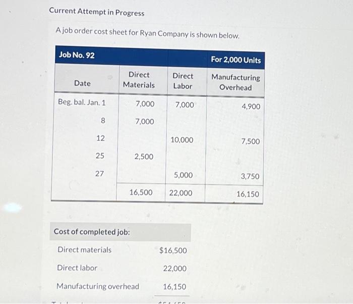 Solved Current Attempt in Progress A job order cost sheet | Chegg.com
