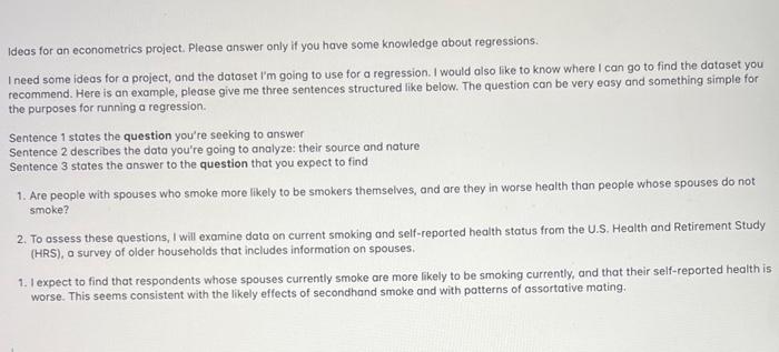 Solved Ideas for an econometrics project. Please answer only | Chegg.com