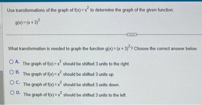 Solved Use transformations of the graph of f(x)=x2 to | Chegg.com
