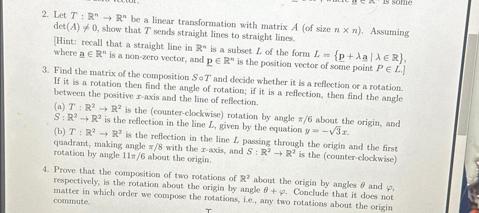 Solved Let T:Rn→Rn ﻿be a linear transformation with matrix | Chegg.com