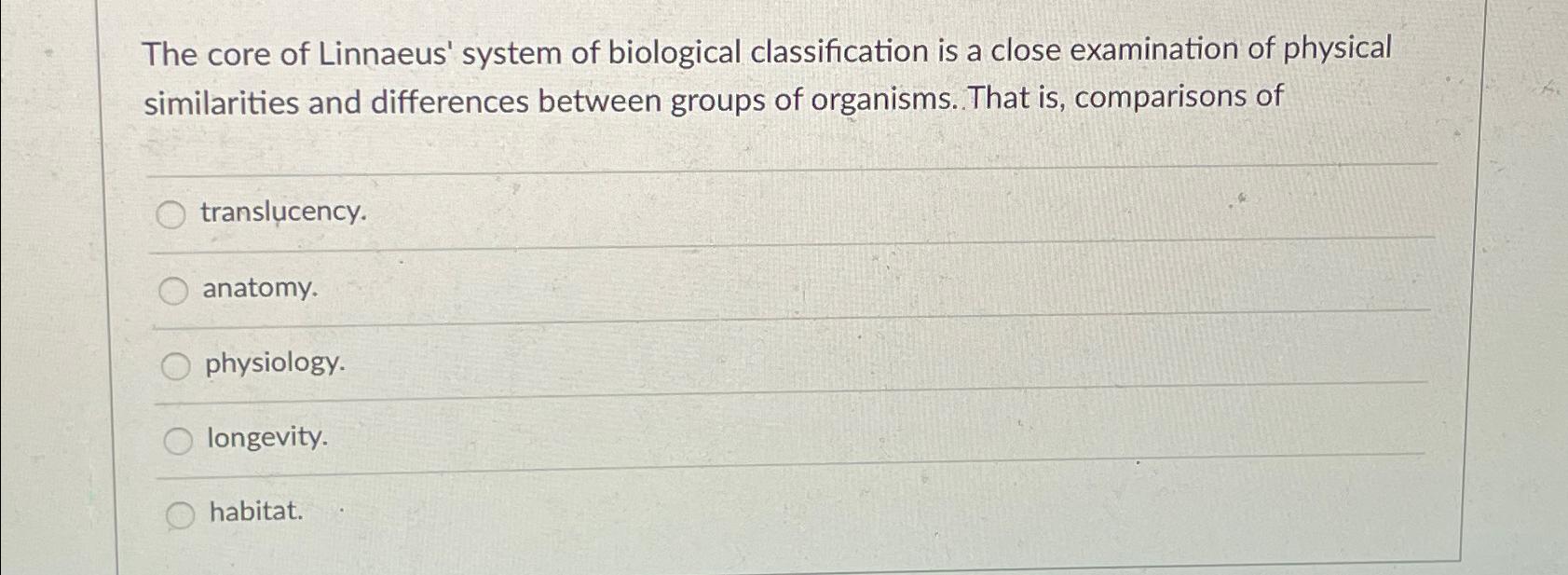 Solved The core of Linnaeus' system of biological | Chegg.com