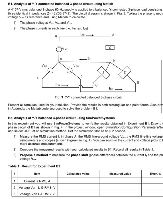 Solved B1. Analysis of Y−Y connected balanced 3-phase | Chegg.com