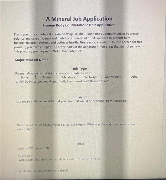 Solved A Mineral Job Application Human Body Co. Metabolic | Chegg.com