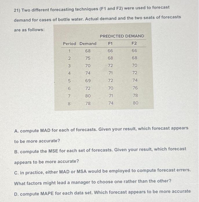 Solved 21) Two different forecasting techniques ( F1 and F2 | Chegg.com