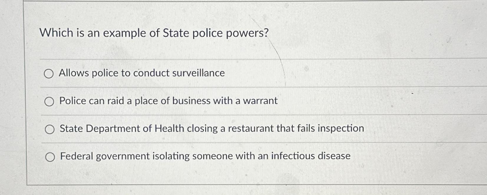 Solved Which is an example of State police powers?Allows | Chegg.com