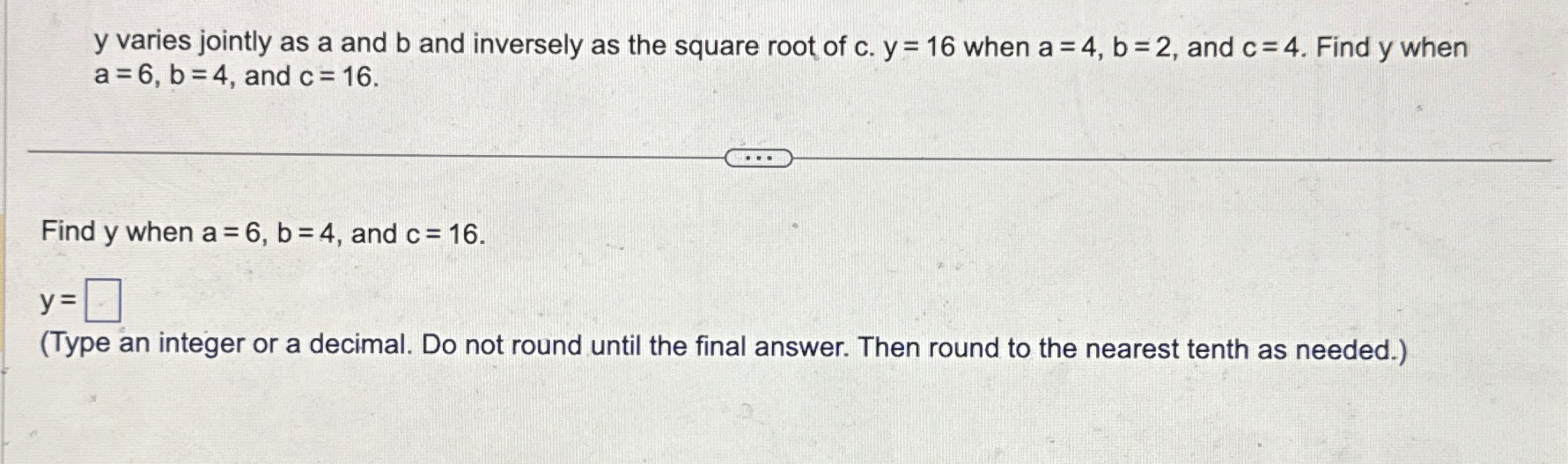 Solved y ﻿varies jointly as a and b ﻿and inversely as the | Chegg.com