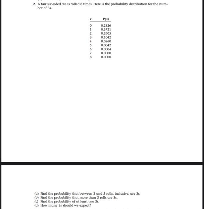 [Solved]: 2. A fair six-sided die is rolled 8 times. Here i