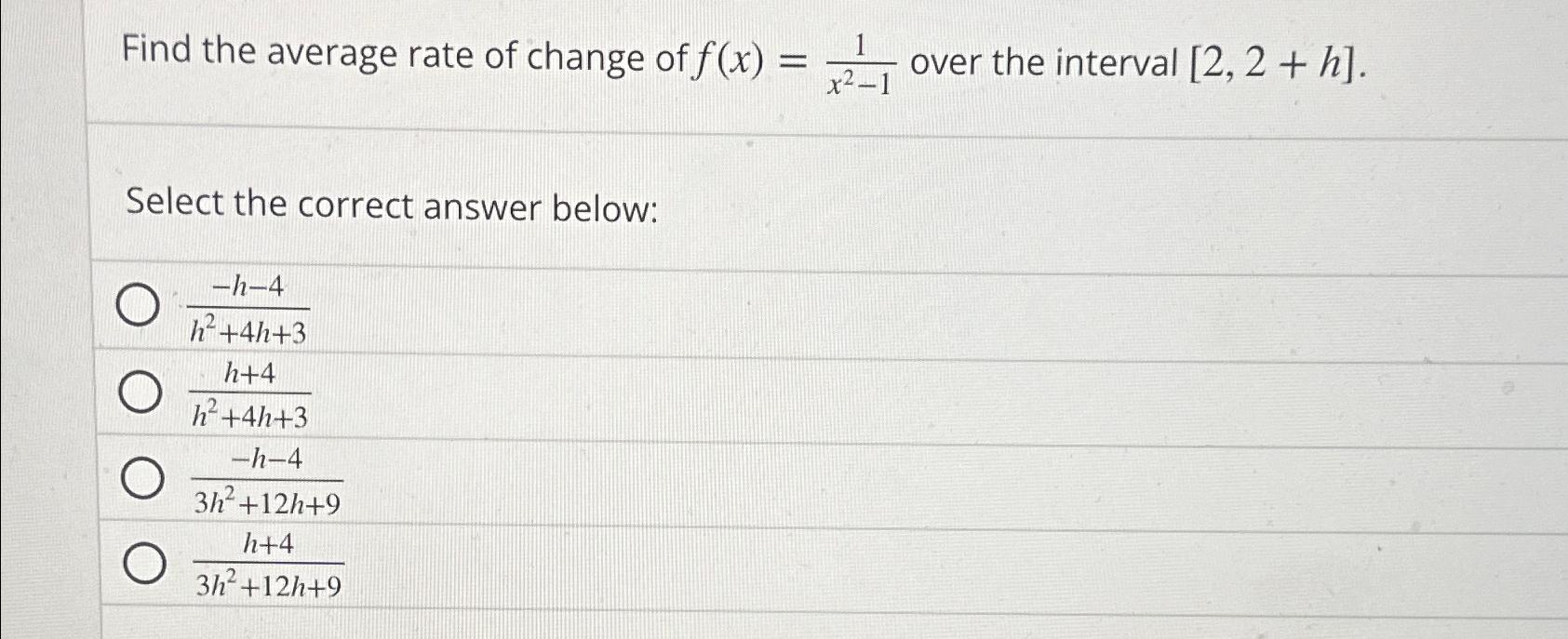 Solved Find the average rate of change of f(x)=1x2-1 ﻿over | Chegg.com