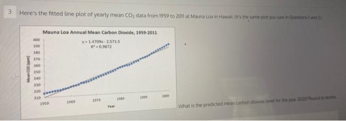 Solved 3 Here's the fitted line plot of yearly mean CO2 data | Chegg.com