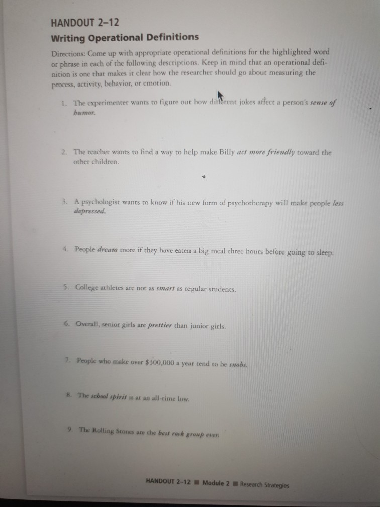 HANDOUT 2-12 Writing Operational Definitions | Chegg.com