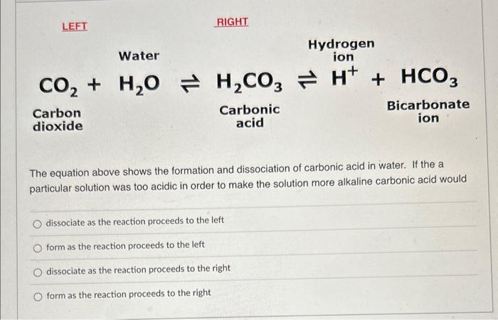 Solved LEFT RIGHT Hydrogen Water CO2+H2O⇌H2CO3⇌H++HCO3 | Chegg.com