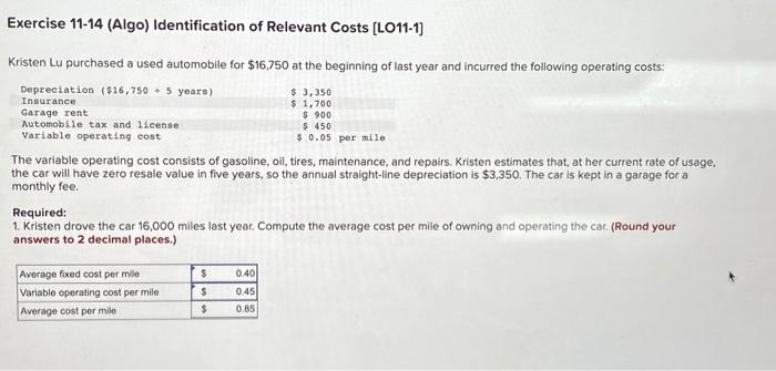 Solved Exercise 11-14 (Algo) Identification of Relevant | Chegg.com