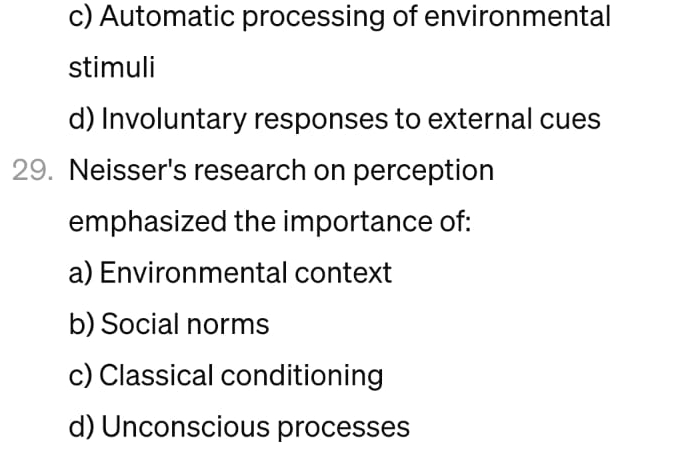 Solved c) ﻿Automatic processing of environmental stimulid) | Chegg.com