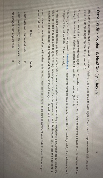 Solved Extra Credit - Problem 3: Hex2Dec (p3_hex.h) The | Chegg.com