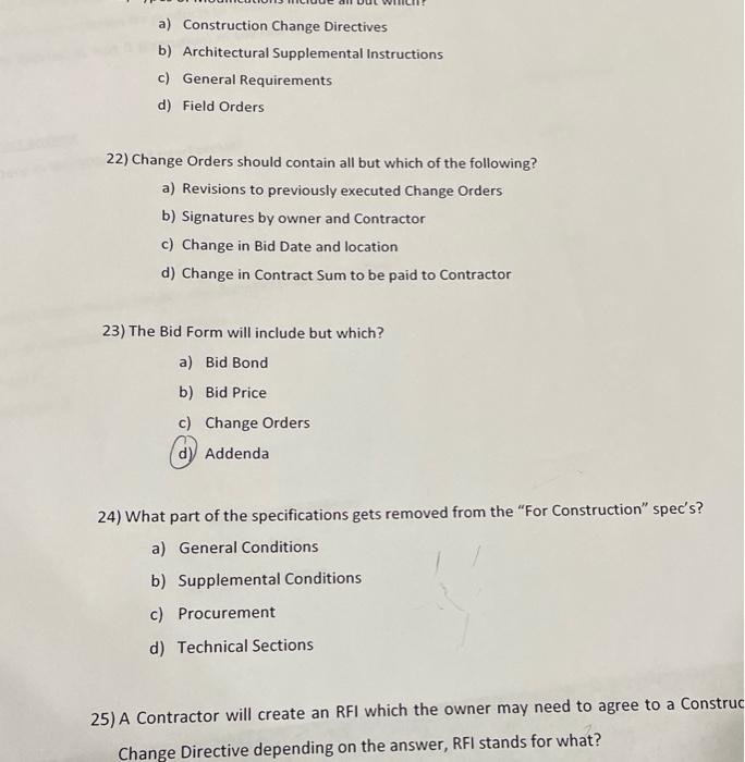 Solved a) Construction Change Directives b) Architectural | Chegg.com
