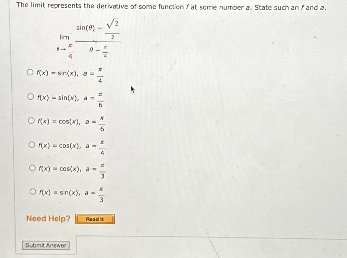 Solved The limit represents the derivative of some function | Chegg.com