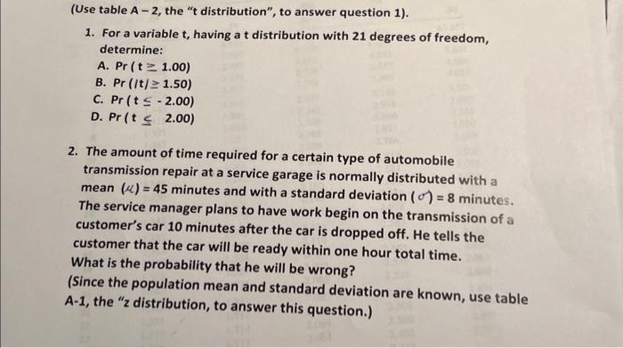 Solved (Use table A-2, the "t distribution", to answer | Chegg.com