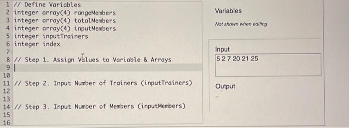 Solved // Define Variables integer array(4) rangeMembers | Chegg.com