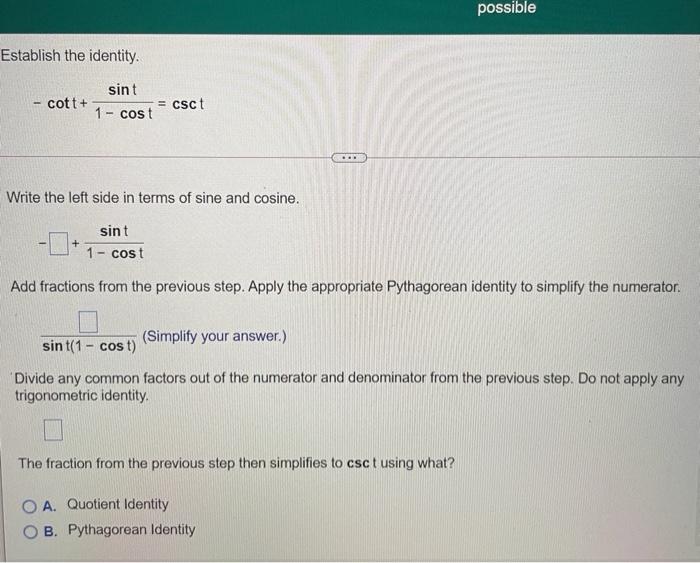 Solved possible Establish the identity. - cott + sint = csct | Chegg.com