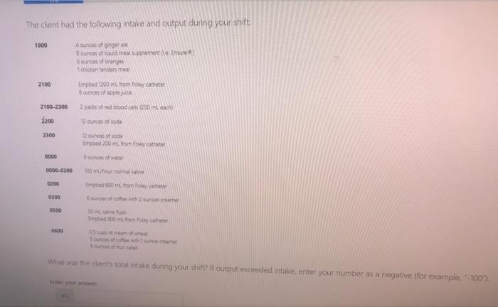 Solved The client had the following intake and output during | Chegg.com
