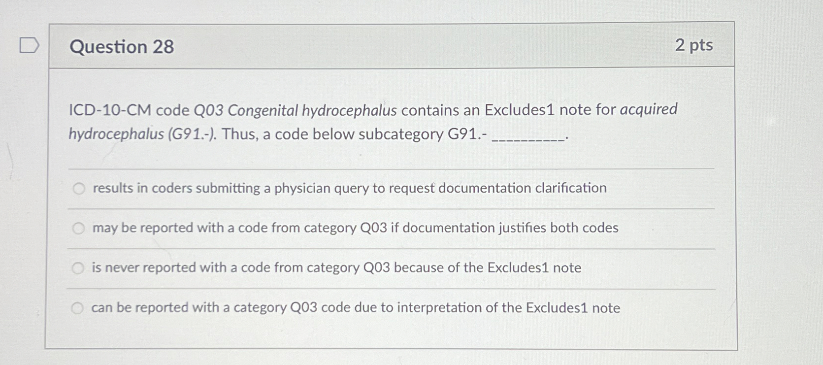 Solved Question 282 ﻿ptsICD-10-CM code Q03 ﻿Congenital | Chegg.com