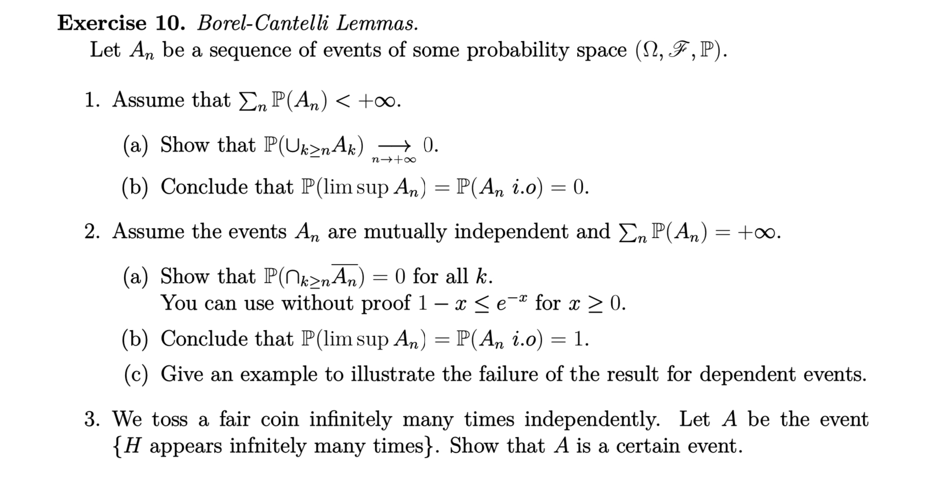 Solved Exercise 10. ﻿Borel-Cantelli Lemmas.Let An ﻿be a | Chegg.com