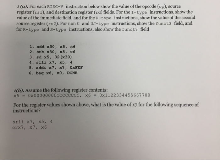 Solved 1(a). For each RISC-V instruction below show the | Chegg.com
