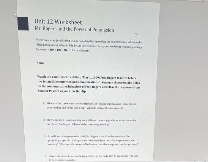 Unit 12 Worksheet Mr. Rogers and the Power of | Chegg.com