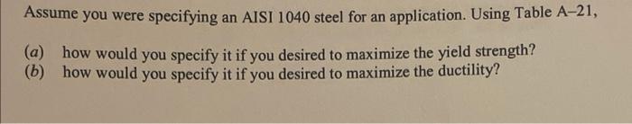Assume you were specifying an AISI 1040 steel for an | Chegg.com