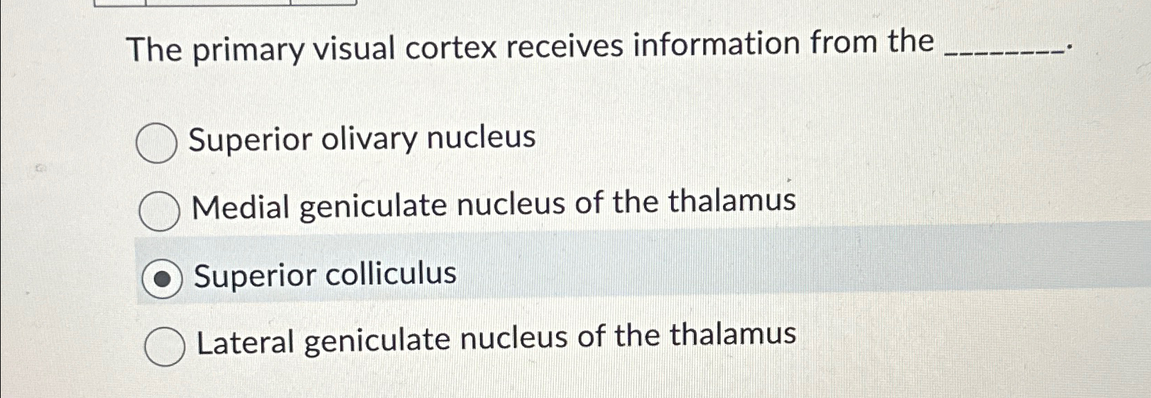 Solved The primary visual cortex receives information from | Chegg.com