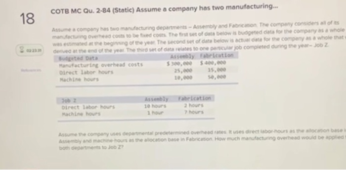 Solved COTB MC Qu. 2-84 (Static) Assume a company has two | Chegg.com