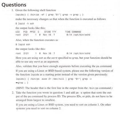 Given the following shell function lspids() { | Chegg.com