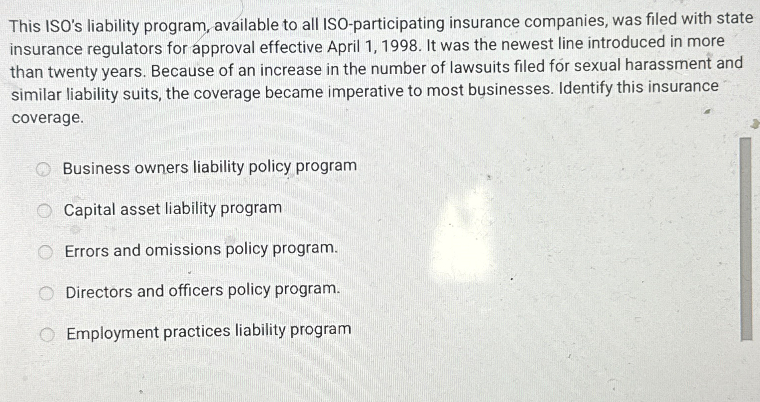 Solved This ISO's liability program, available to all | Chegg.com