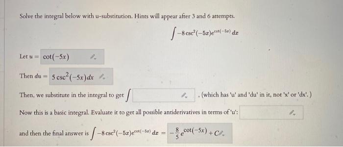 Solved Solve the integral below with u-substitution. Hints | Chegg.com