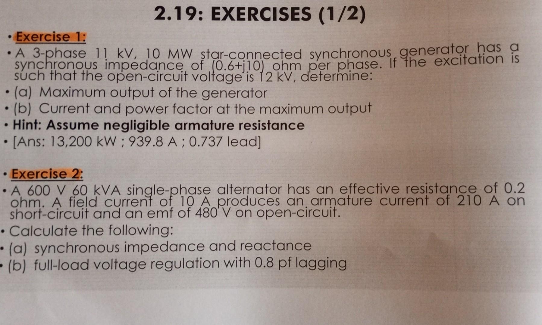 Solved - Exercise 1: - A 3-phase 11kV,10MW star-connected | Chegg.com