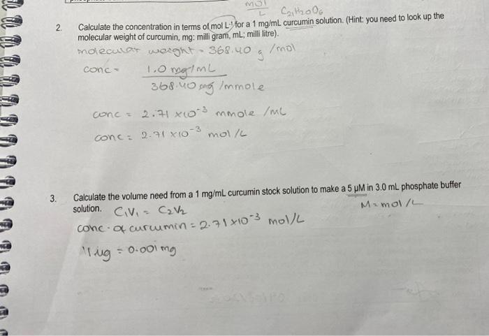 Solved 2. Calculate the concentration in terms of molL⋅1 for | Chegg.com