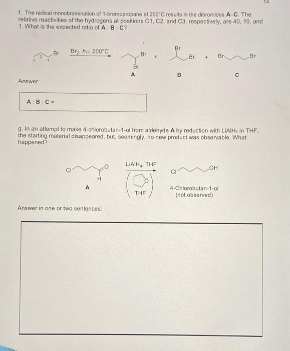 Solved f. The radical monobromination of 1-bromopropane at | Chegg.com