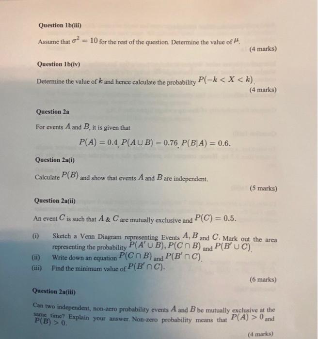 Question 1b(iii) Assume that σ2=10 for the rest of | Chegg.com