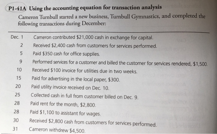 Solved P1-41A Using the accounting equation for transaction | Chegg.com