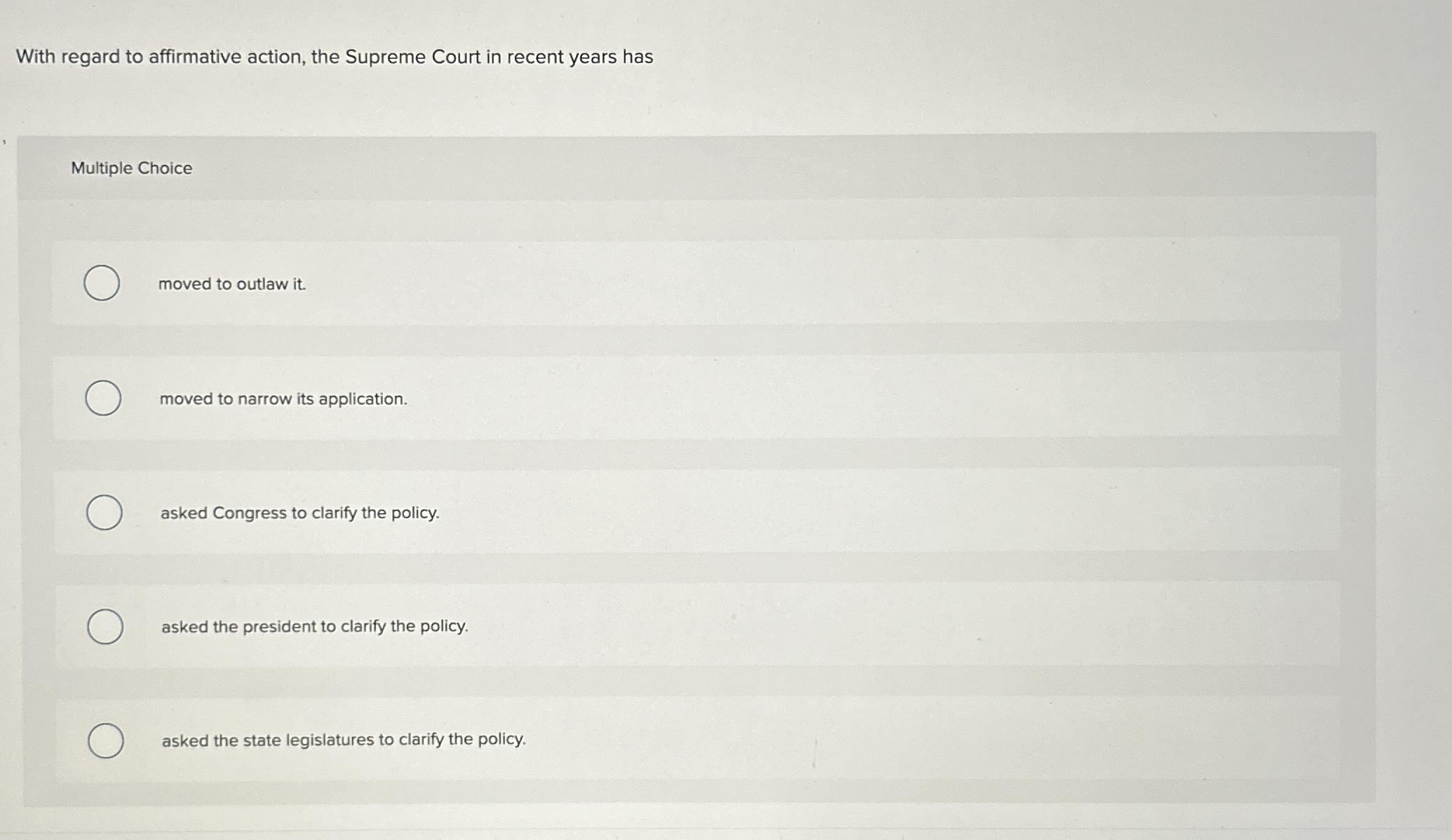 Solved With regard to affirmative action, the Supreme Court | Chegg.com