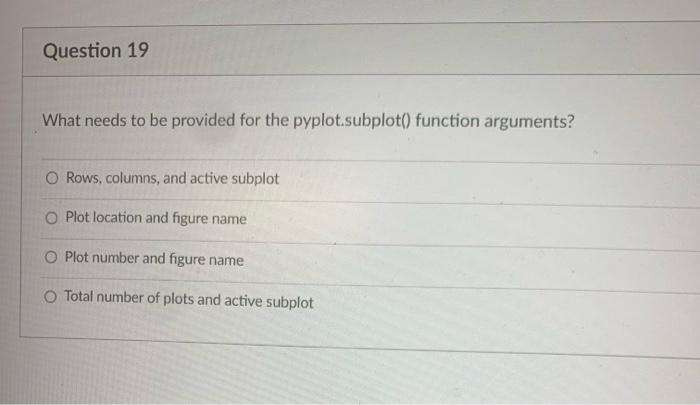 Solved What needs to be provided for the pyplot.subplot() | Chegg.com