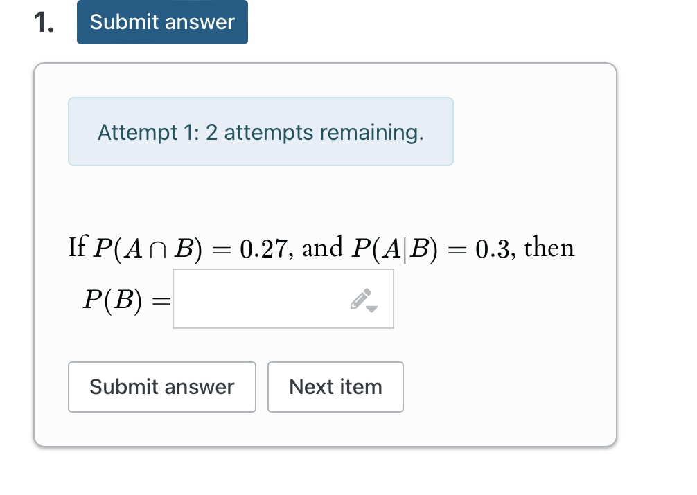 Solved Attempt 1: 2 ﻿attempts remaining.If P(A∩B)=0.27, ﻿and | Chegg.com