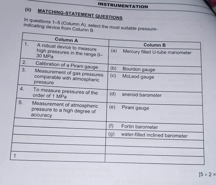 Solved INSTRUMENTATION(ii) ﻿MATCHING-STATEMENT QUESTIONSIn | Chegg.com