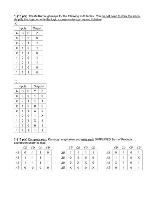 Solved 5) (15 pts) Create Karnaugh maps for the following | Chegg.com