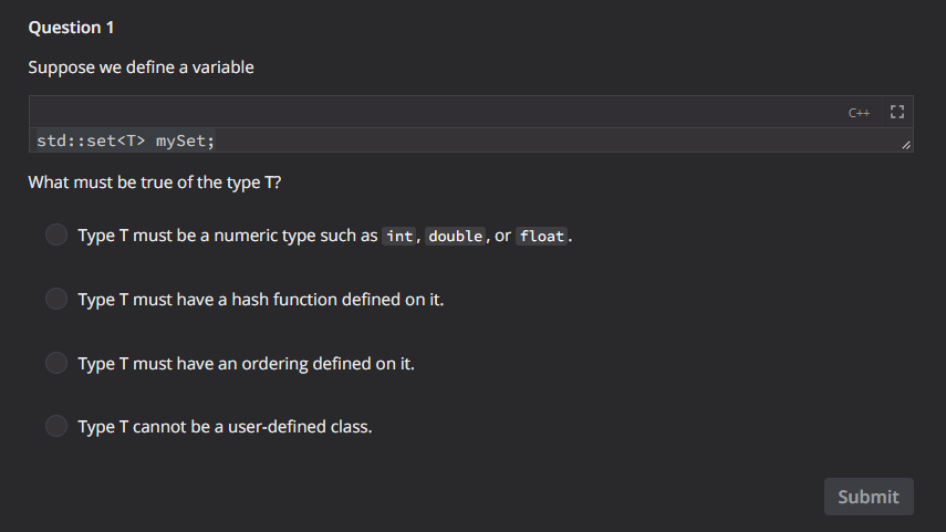 Solved Suppose we define a variable std::set mySet; what | Chegg.com