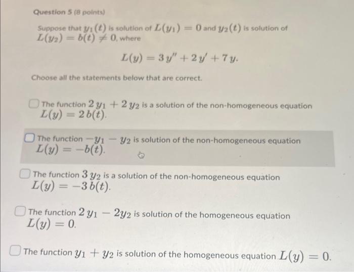 Solved Suppose that y1(t) is solution of L(y1)=0 and y2(t) | Chegg.com