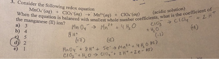 Solved 3. Consider the following redox equation MnO4 (aq) + | Chegg.com