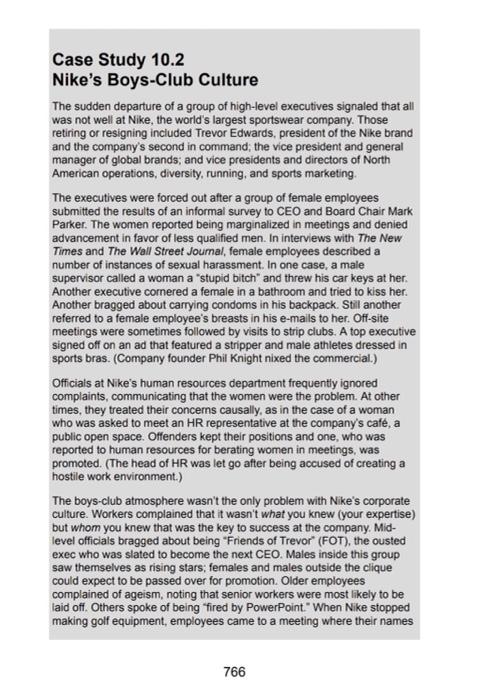 Case Study 10.2 Nike's Boys-Club Culture The sudden | Chegg.com