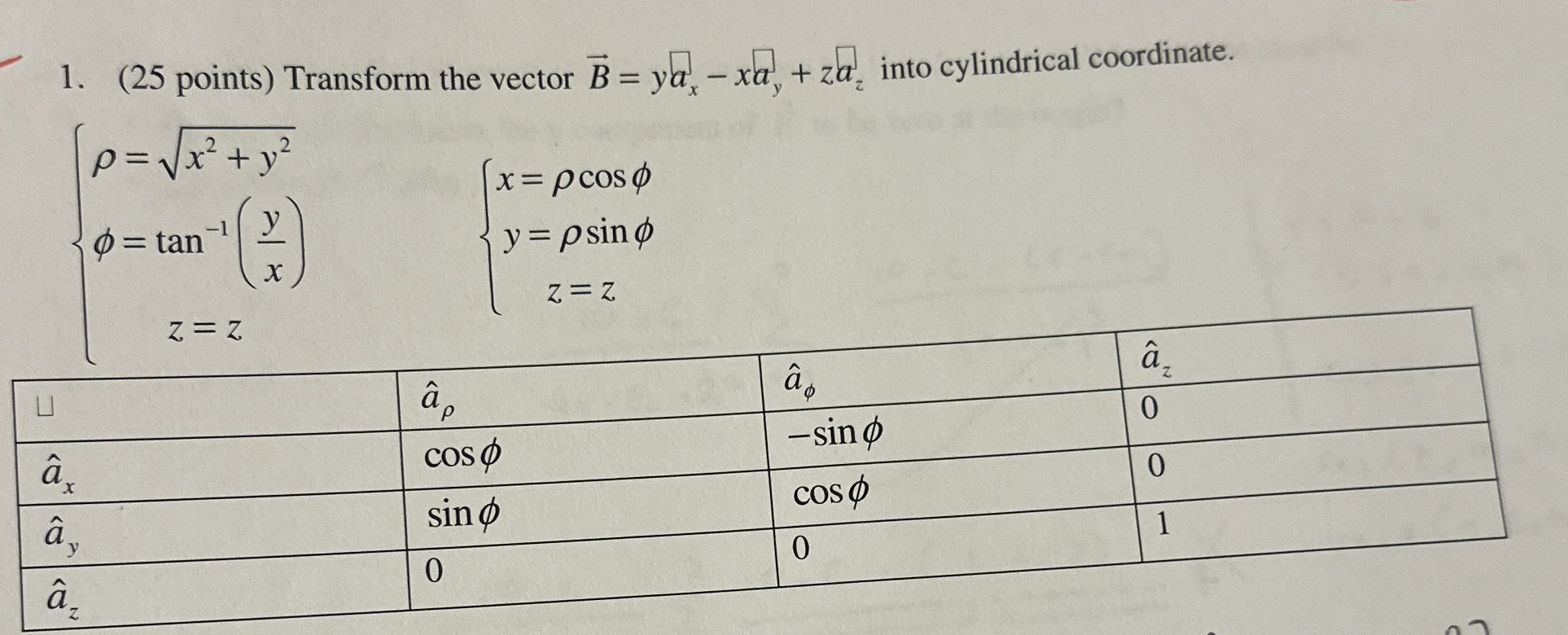 Solved (25 ﻿points) ﻿Transform the vector vec(B)=yax-xay+zaz | Chegg.com